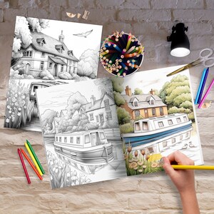 English Canal Boat Coloring Book English Tiny Boat for Stress Relief ...