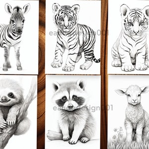 Cute Baby Animals Grayscale Coloring Pages | Printable Adult Coloring ...