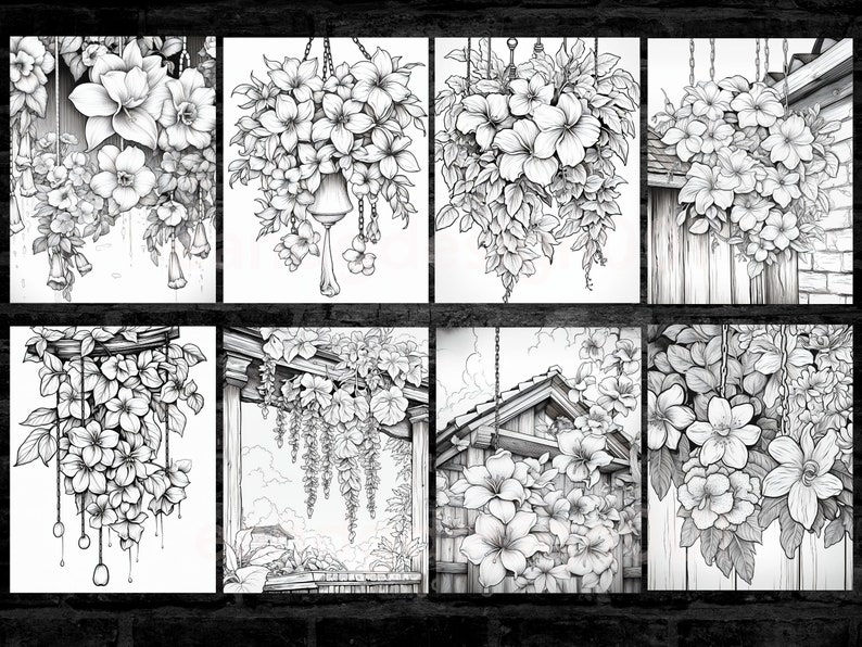 Hanging Flowers Coloring Pages Instant Download Blossom Floral ...