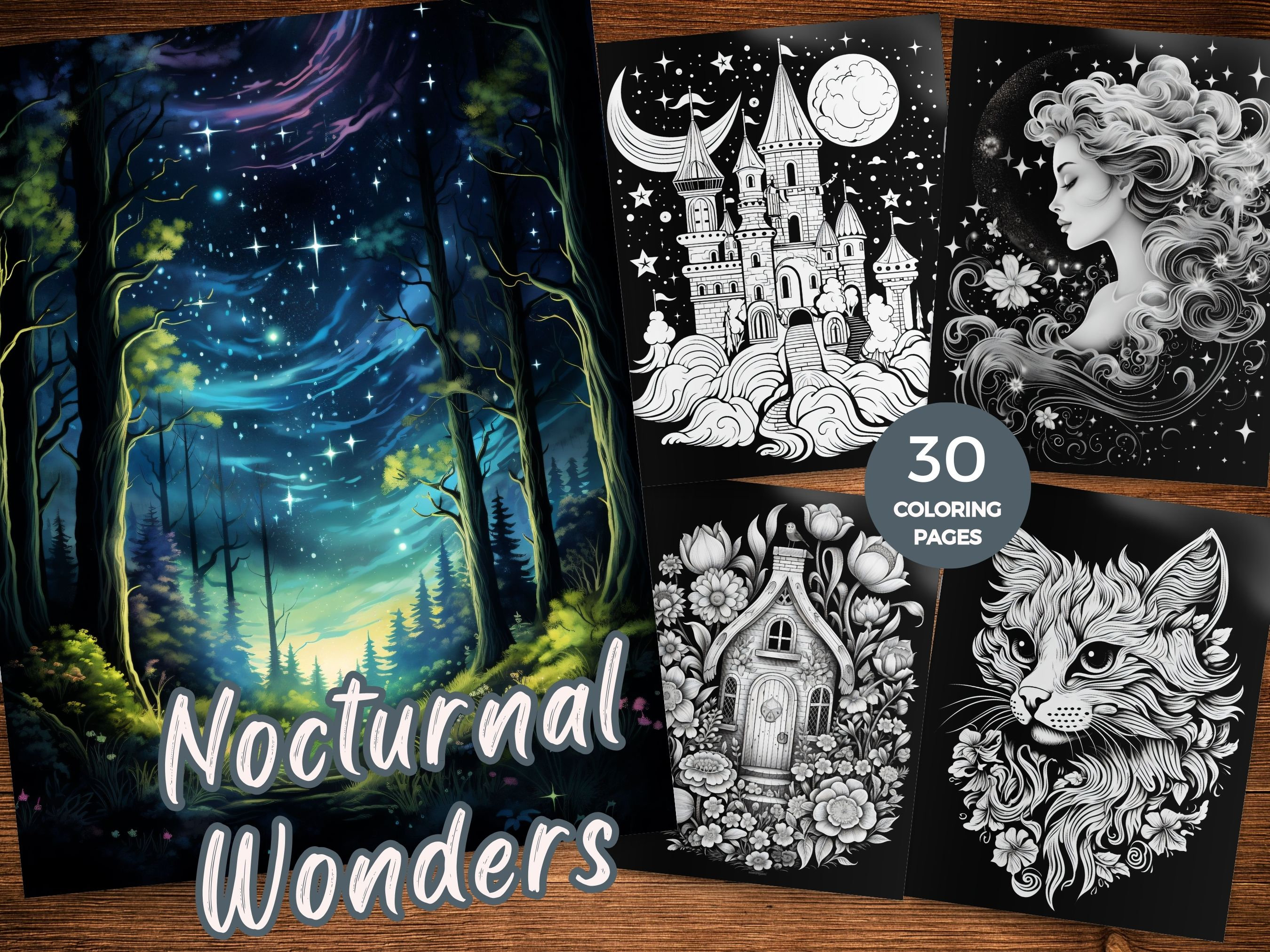 Black Background Coloring Book Instant Download Nocturnal Wonders Black ...