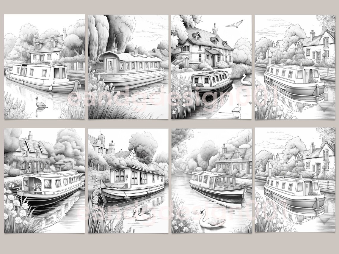 English Canal Boat Coloring Book English Tiny Boat for Stress Relief ...