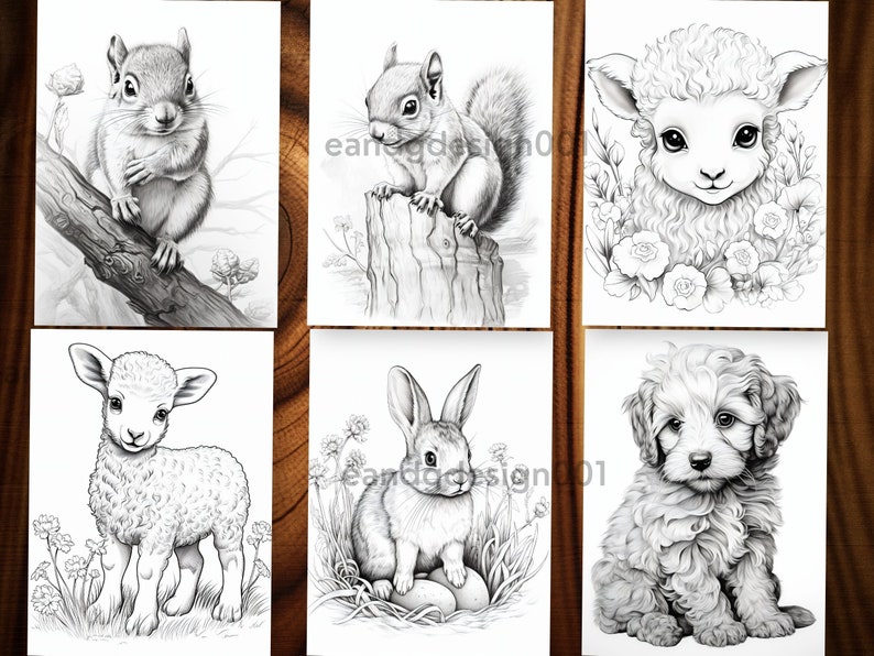 Cute Baby Animals Grayscale Coloring Pages | Printable Adult Coloring ...