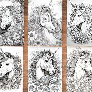 Flower Unicorns Fantasy Coloring Page Book, INSTANT DOWNLOAD, Grayscale ...