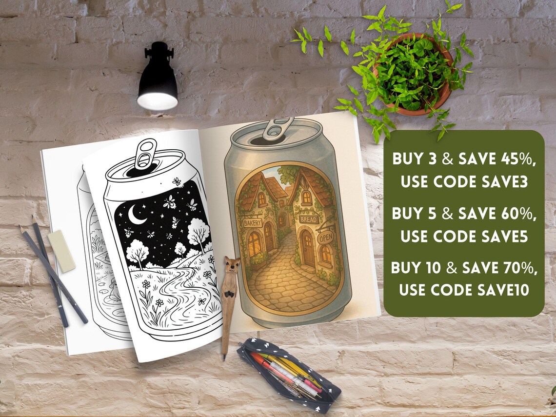 Mini World in a Can Coloring Pages, Whimsical Tiny Worlds Inside Cans ...