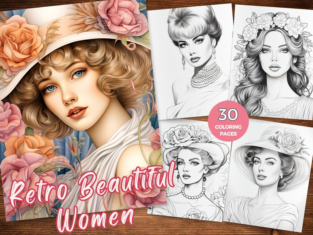 Retro Women Coloring Pages for Adults Instant Download Beautiful Women ...
