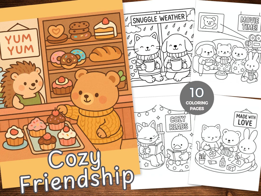 Cozy Friendship Coloring Pages, Cute Animal Town Scenes, Kawaii Style ...