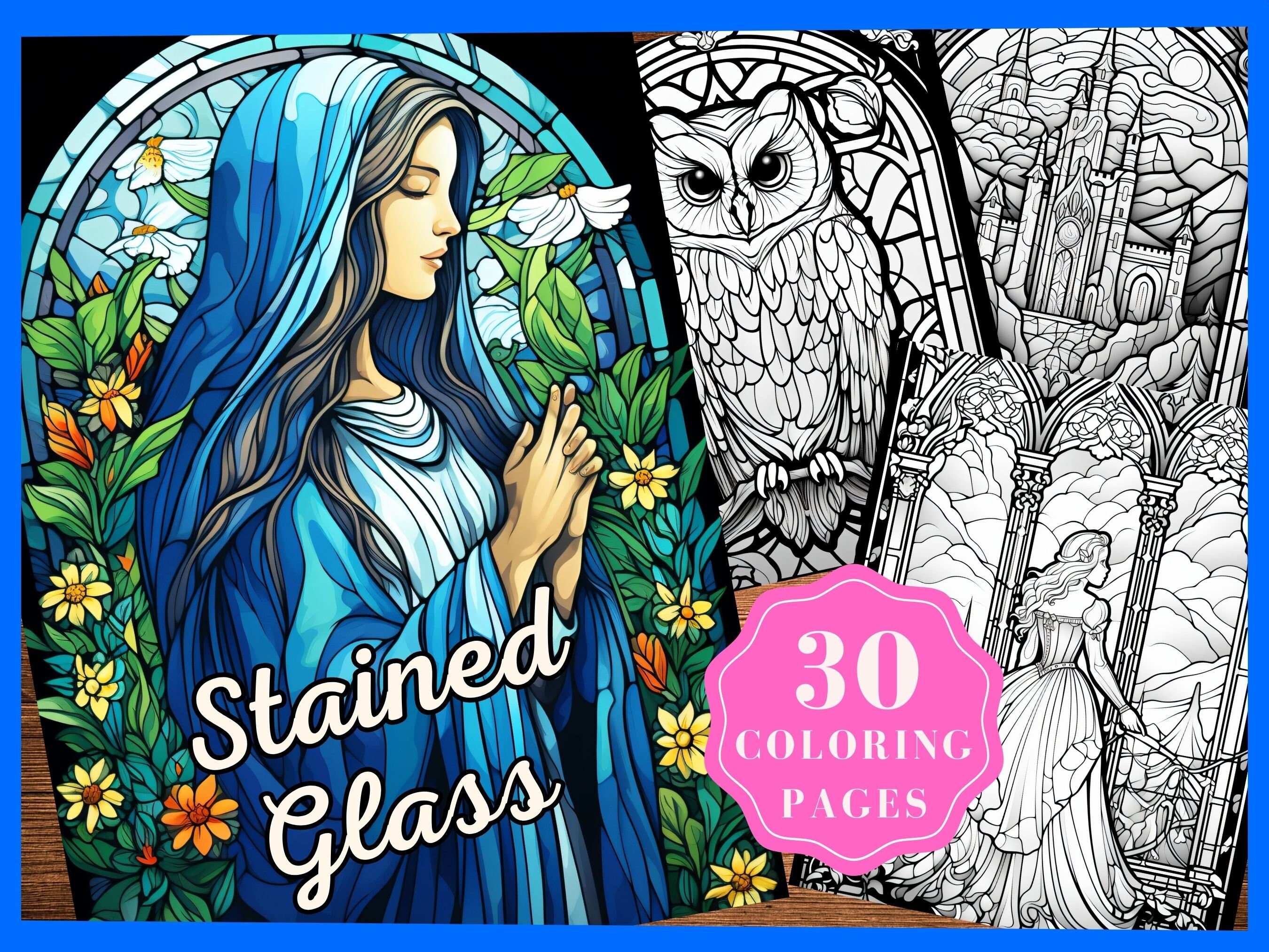 Stained Glass Coloring Pages for Adults, Printable Stained Glass Window ...
