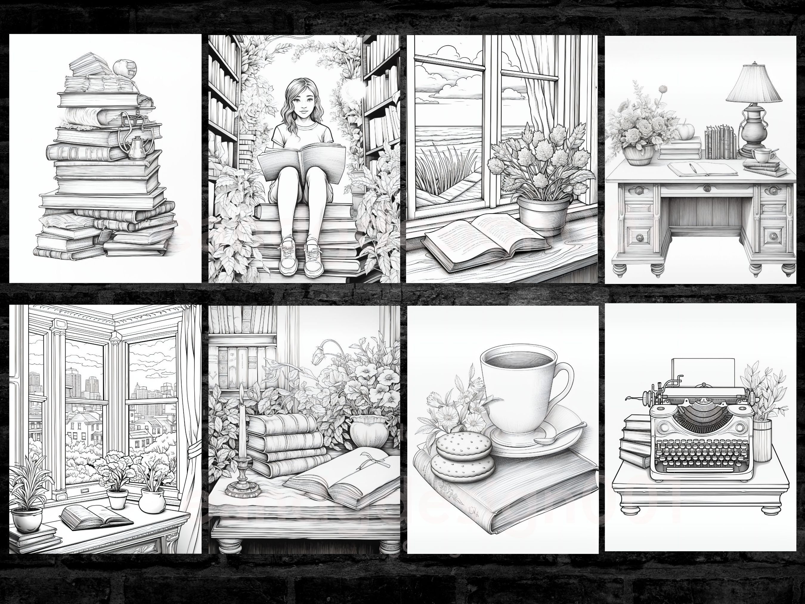 Cozy Reading Nook Coloring Pages Book Lovers Coloring Sheets Book Nook ...