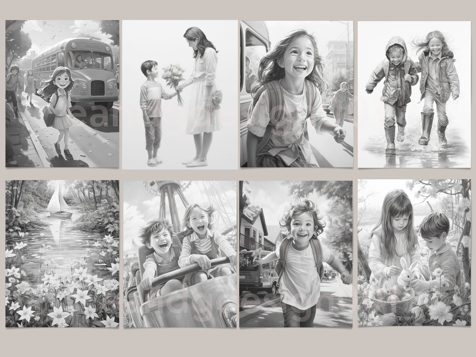 Kids in Spring Grayscale Coloring Book Instant Download Printable PDF ...