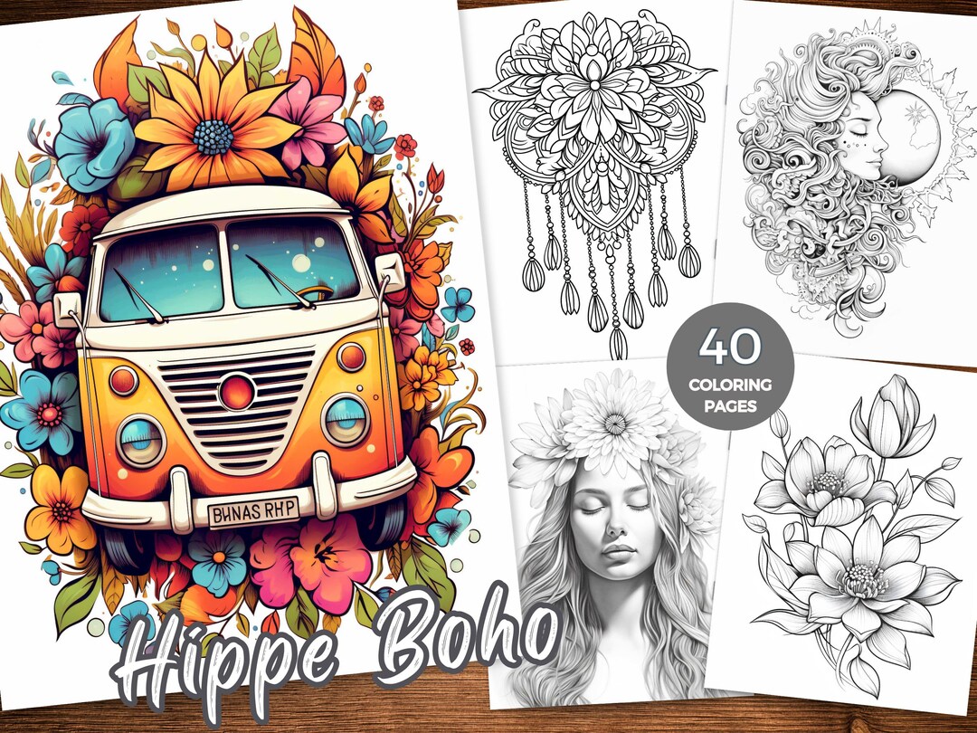 Boho Hippie Pdf Coloring Pages for Adults Instant Download Mandala ...