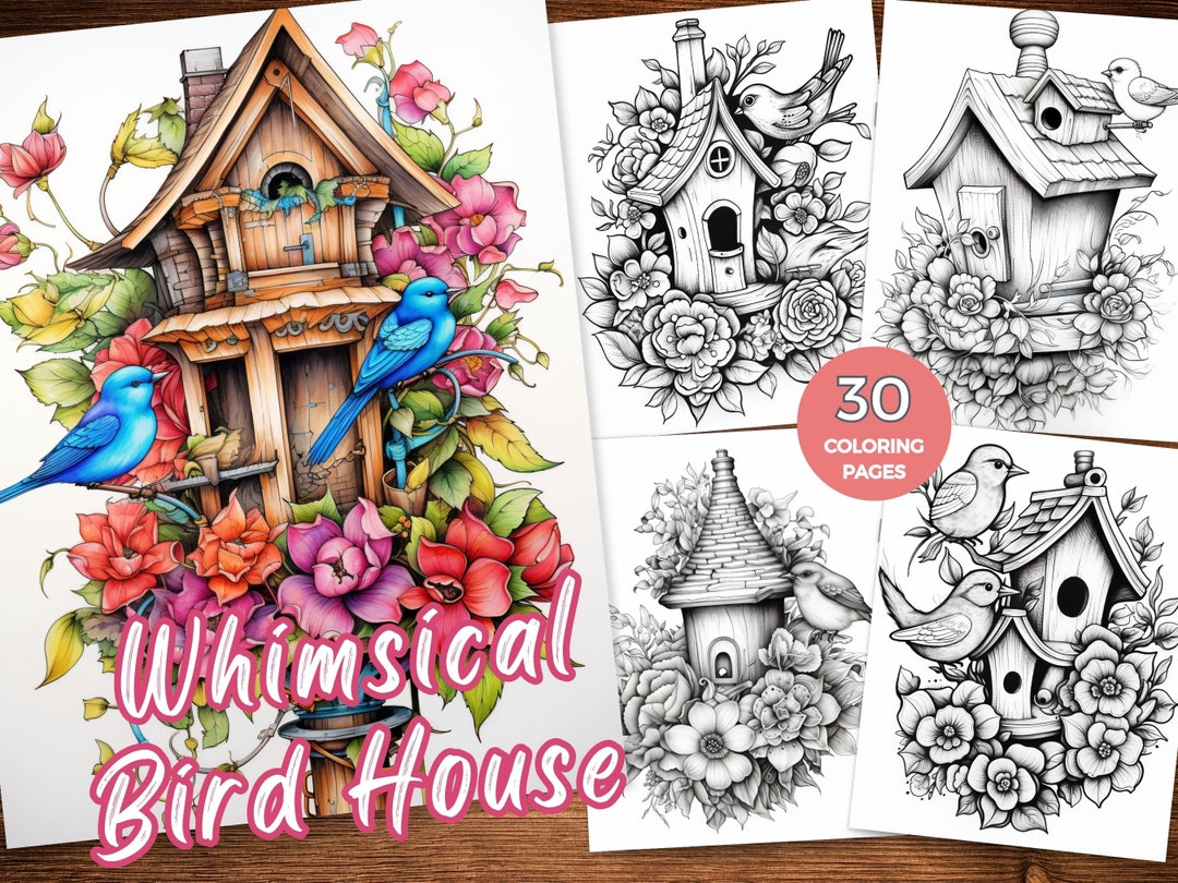 Bird House Coloring Page for Adults Instant Download Whimsical Bird ...