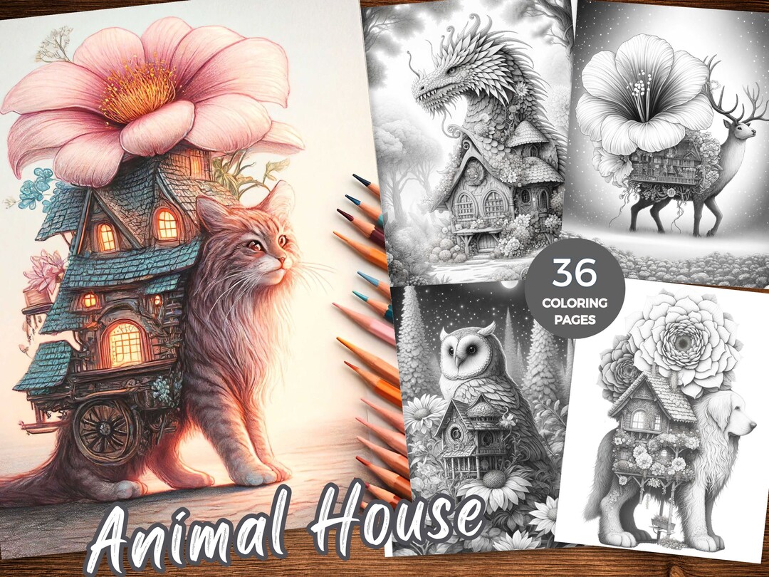 Animal Homes Coloring Book Animal House Greyscale Coloring Animal ...