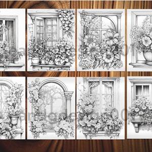 Blooming Windows Coloring Pages for Adults Floral Window Coloring ...