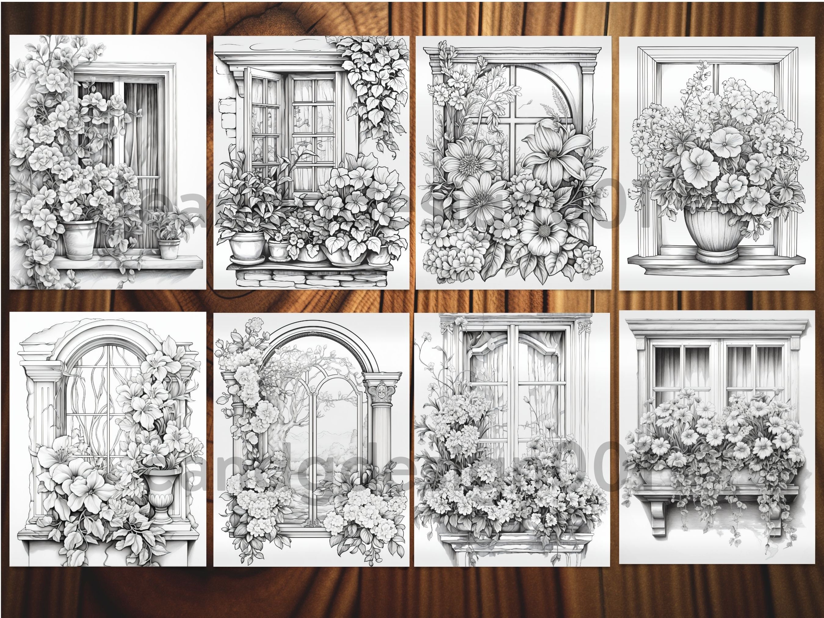 Blooming Windows Coloring Pages for Adults Floral Window - Etsy