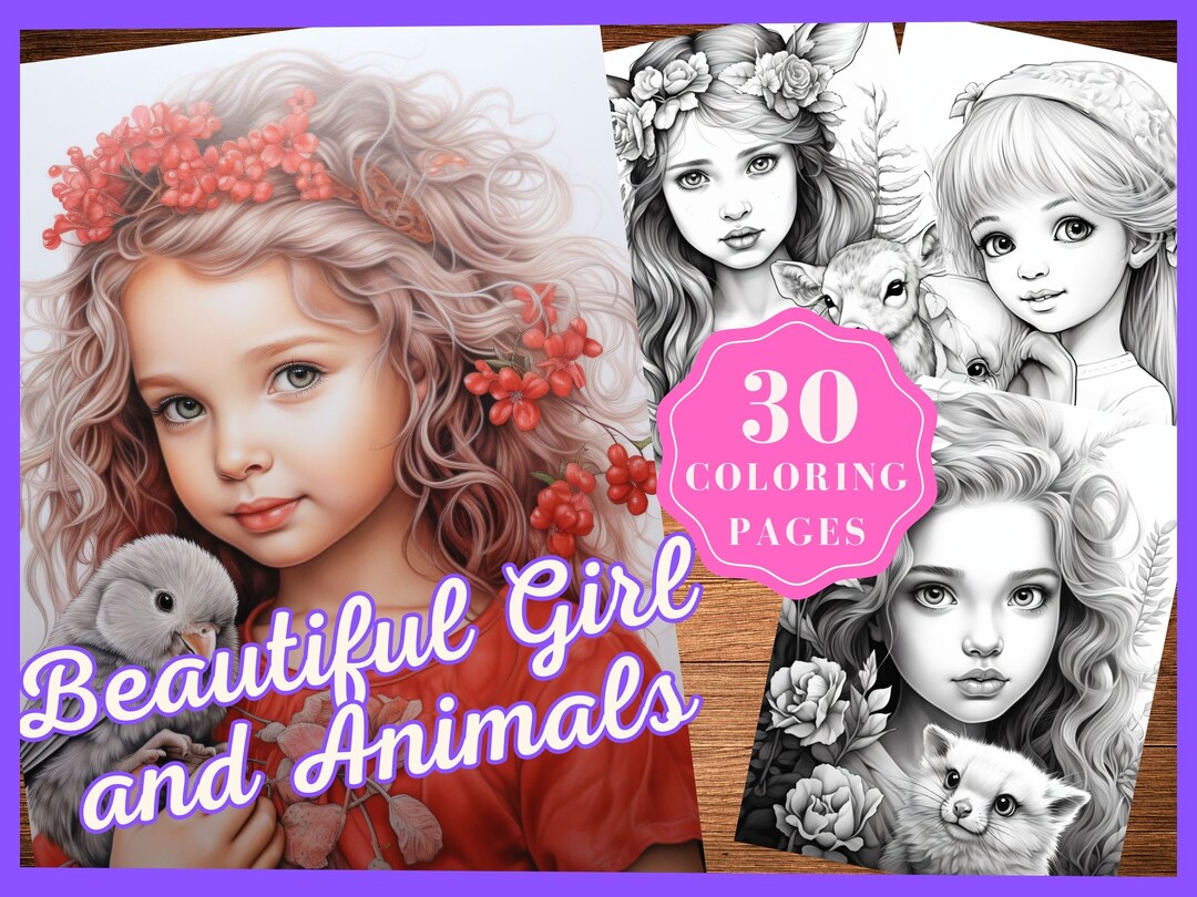 Beautiful Girls and Animals Coloring Pages for Adults and Kids Woodland ...