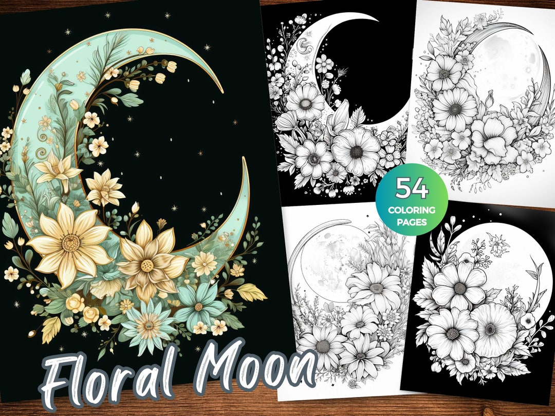 Floral Moon Coloring Pages Celestial Blooms Coloring for Adults Instant ...