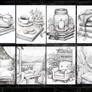 Cozy Reading Nook Coloring Pages Book Lovers Coloring Sheets Book Nook ...