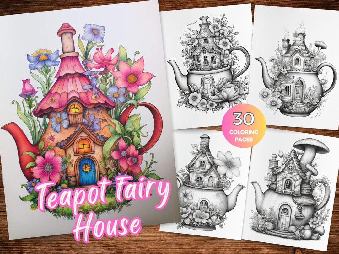 Teapot Fairy House Coloring Pages for Adults Teapot Fantasy Coloring ...