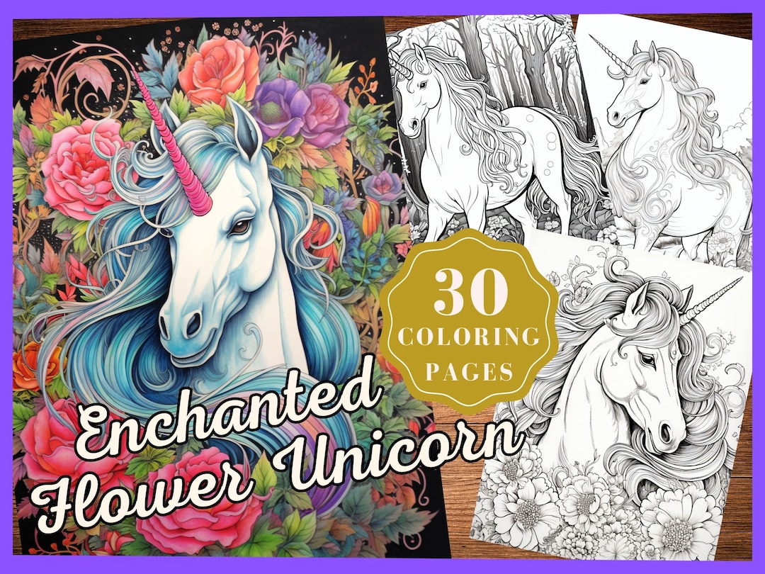 Flower Unicorns Fantasy Coloring Page Book, INSTANT DOWNLOAD, Grayscale ...