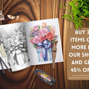 Flowers Gift Box Coloring Pages Adult Coloring Book Bouquet Gift Box ...