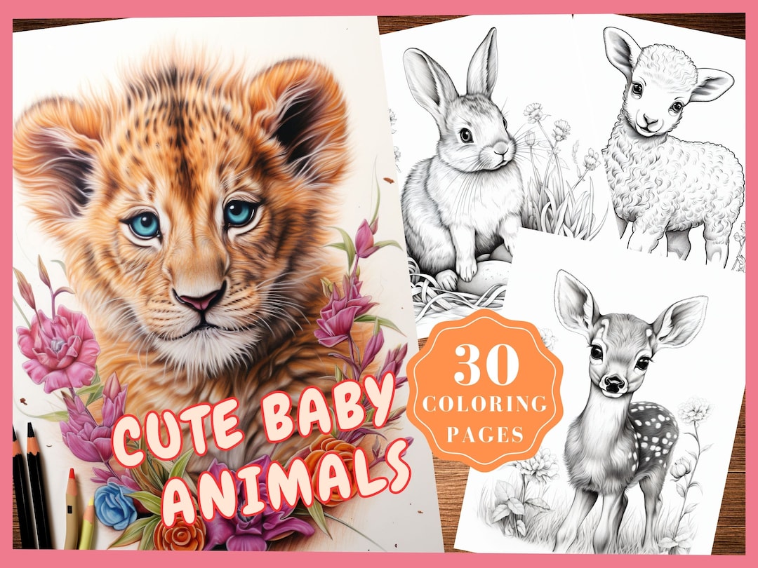 Cute Baby Animals Grayscale Coloring Pages | Printable Adult Coloring ...