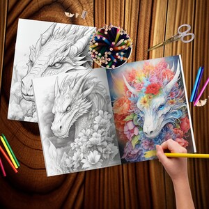 Flower Dragon Fantasy Coloring Page Book Instant Download Printable ...