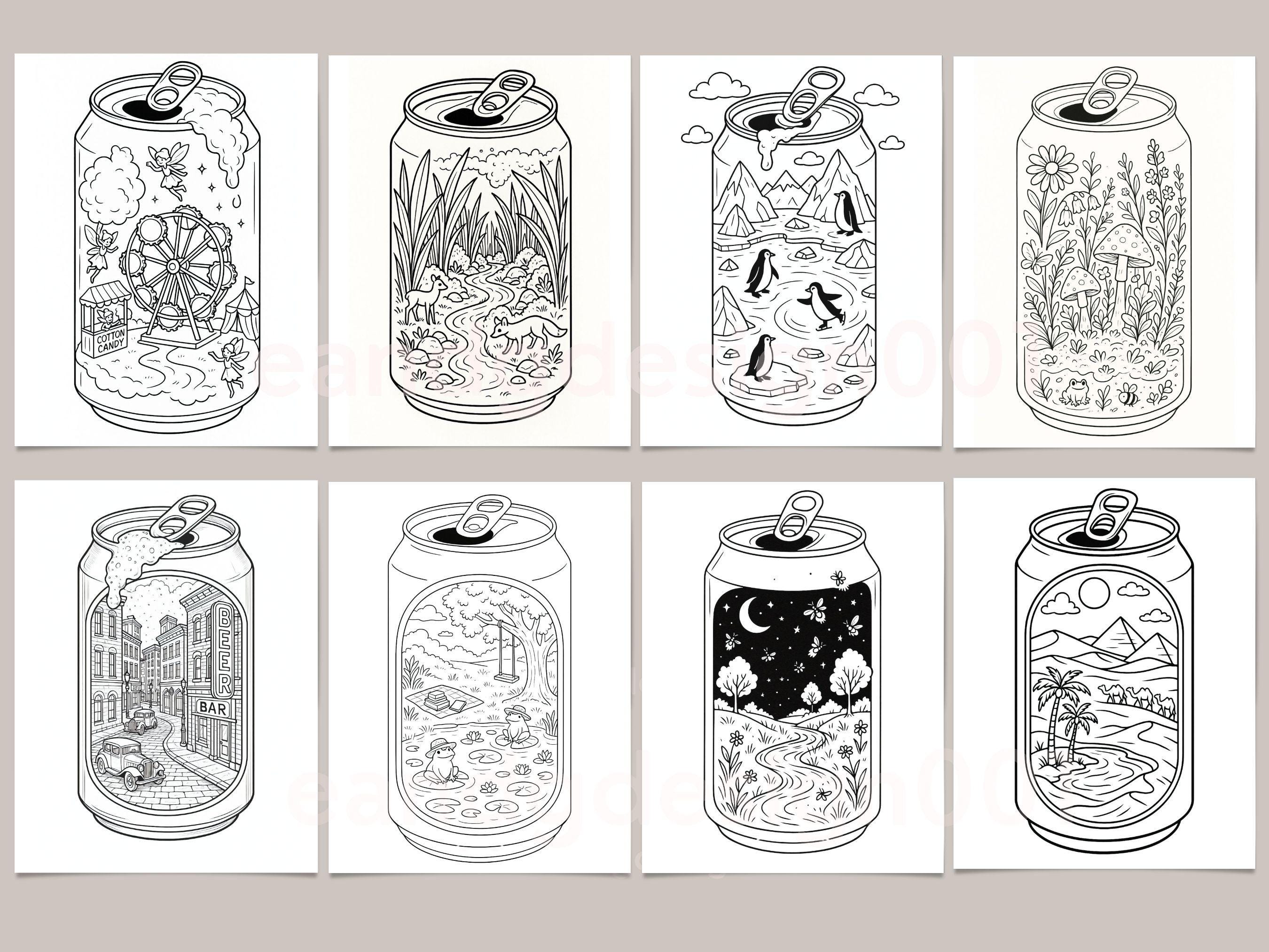 Mini World in a Can Coloring Pages, Whimsical Tiny Worlds Inside Cans ...