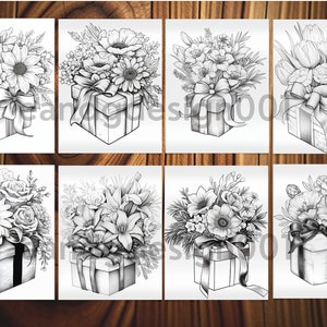 Flowers Gift Box Coloring Pages Adult Coloring Book Bouquet Gift Box ...