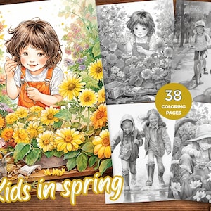 Kids in Spring Grayscale Coloring Book Instant Download Printable PDF ...