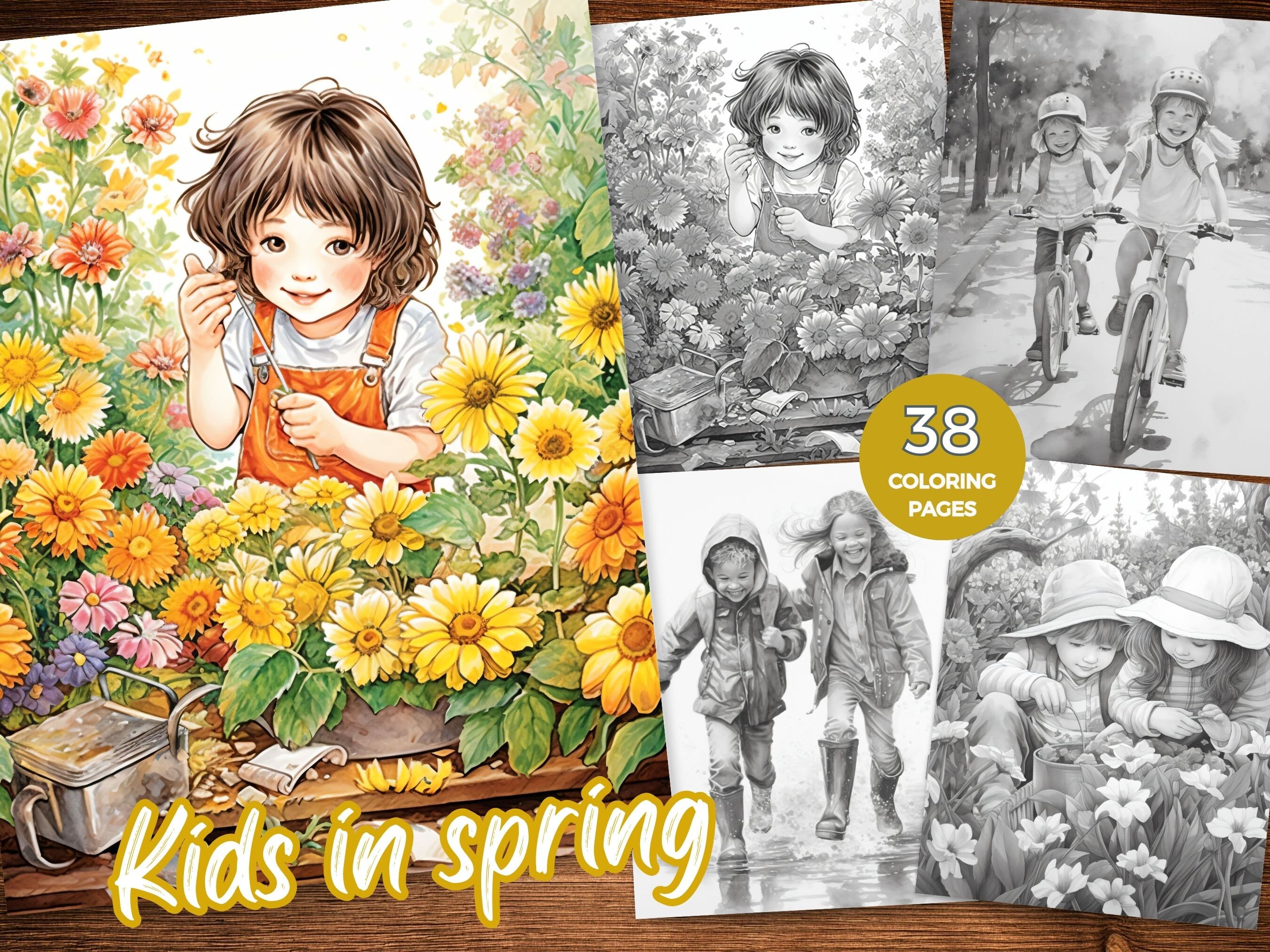 Kids in Spring Grayscale Coloring Book Instant Download Printable PDF ...