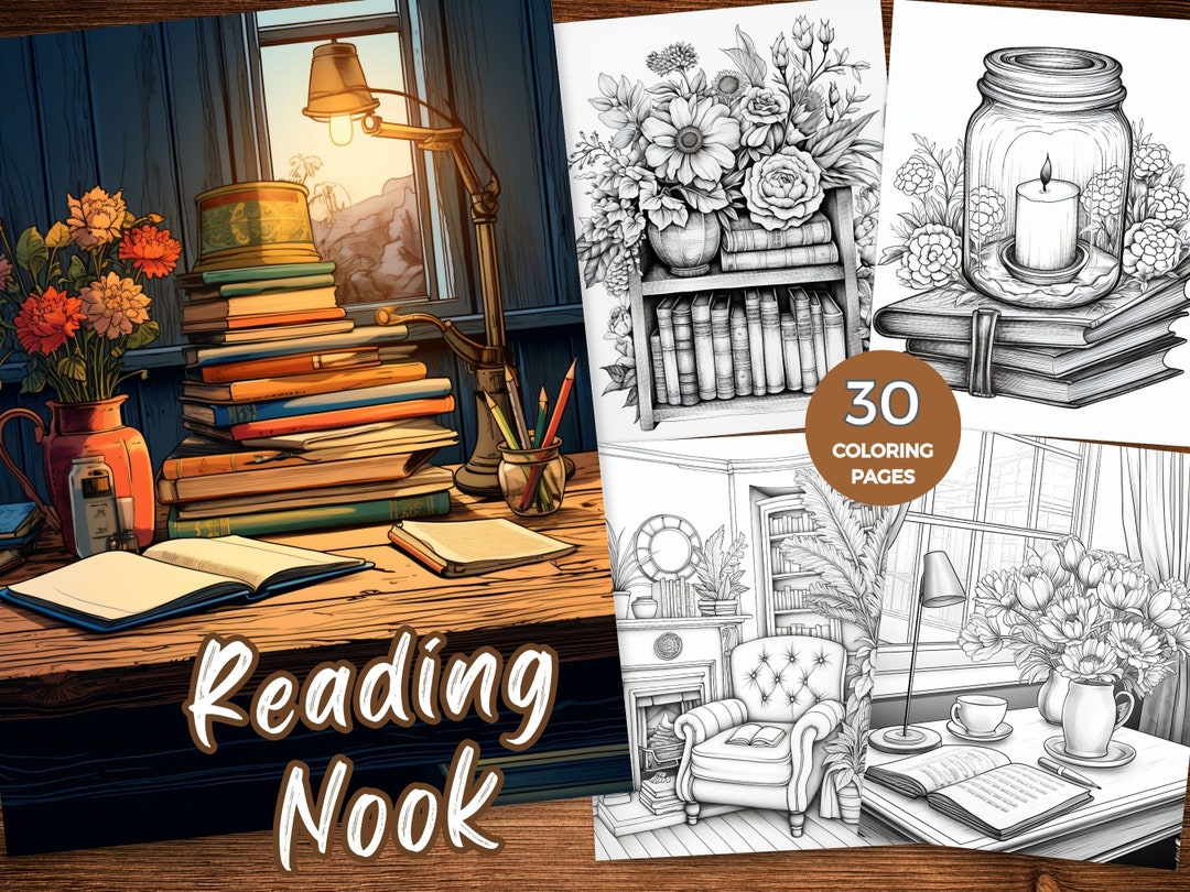 Cozy Reading Nook Coloring Pages Book Lovers Coloring Sheets Book Nook ...
