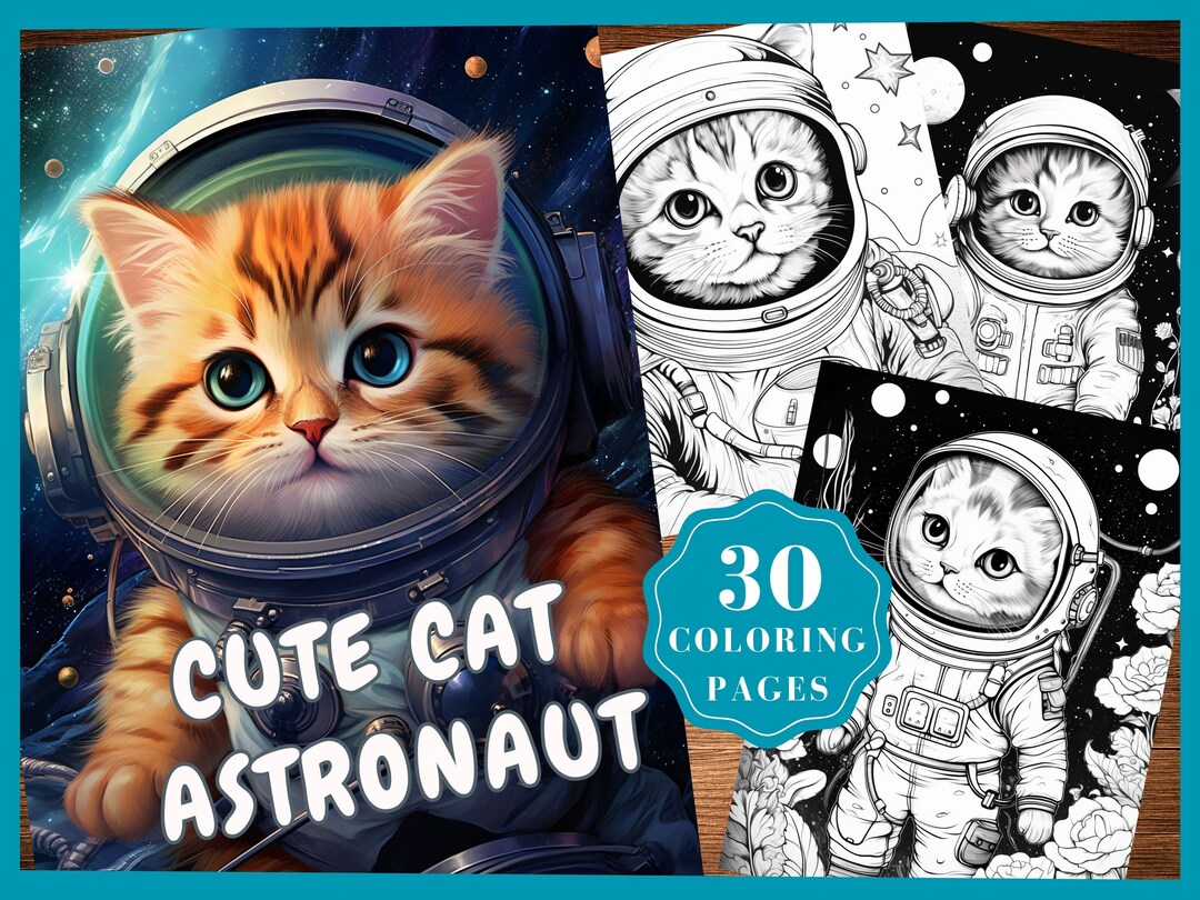 Cute Cat Astronaut Coloring Pages for Adults Instant Download Grayscale ...