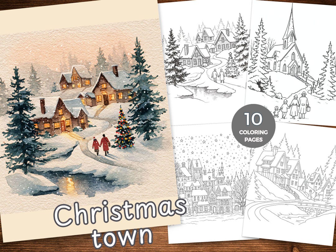 Retro Christmas Town Coloring Pages | Vintage Holiday Village Scenes ...