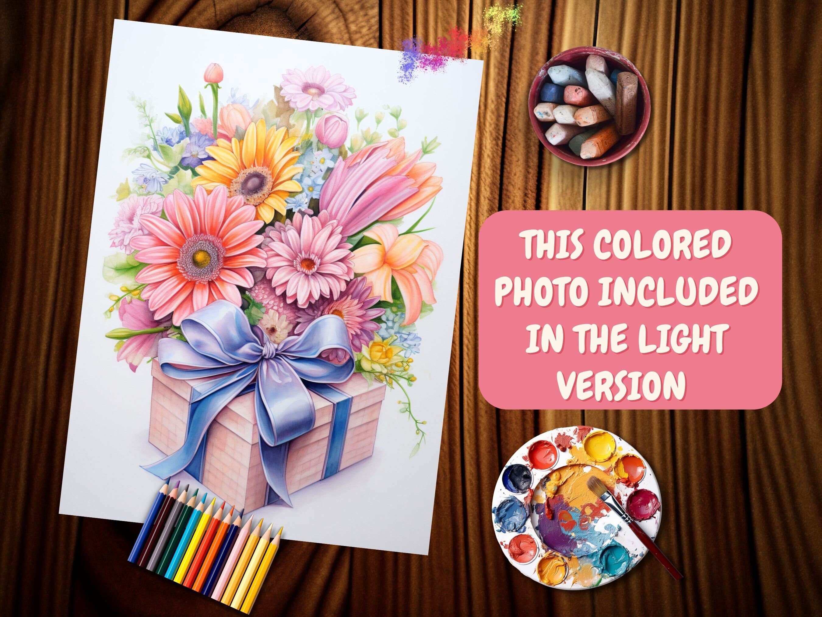 Flowers Gift Box Coloring Pages Adult Coloring Book Bouquet Gift Box ...