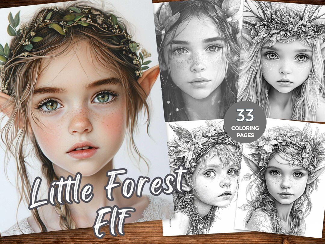 Elf Forest Portrait Coloring Book Forest Elf Grayscale Coloring Pages ...