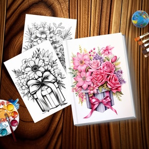 Flowers Gift Box Coloring Pages Adult Coloring Book Bouquet Gift Box ...