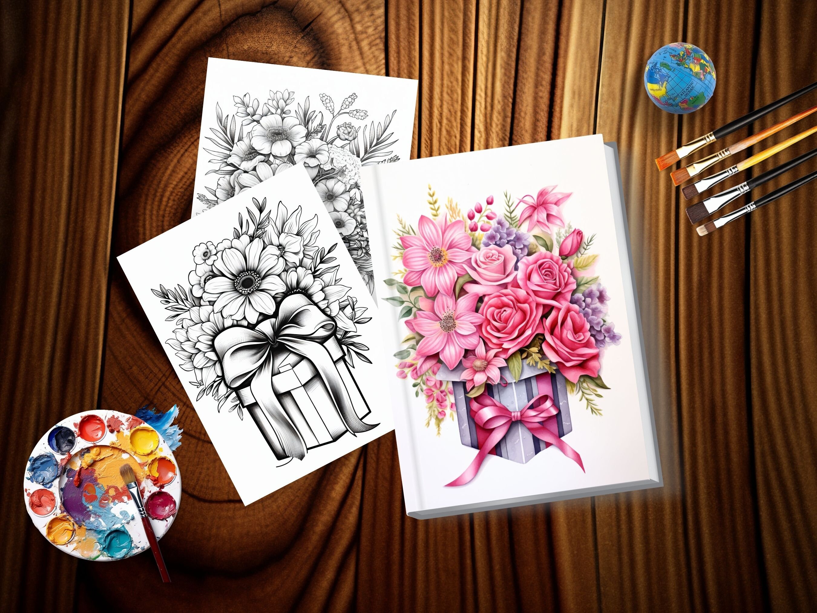 Flowers Gift Box Coloring Pages Adult Coloring Book Bouquet Gift Box ...