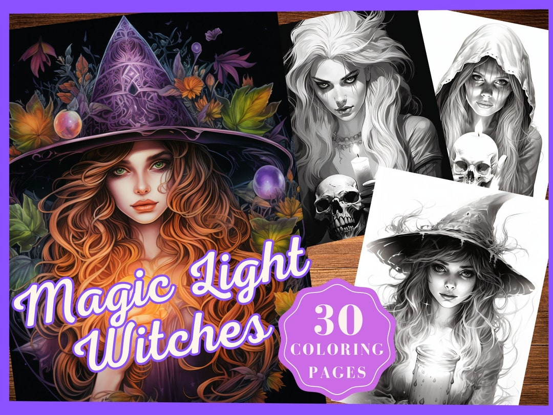 Magic Light Witch Coloring Pages, Fantasy Witch Grayscale Coloring ...