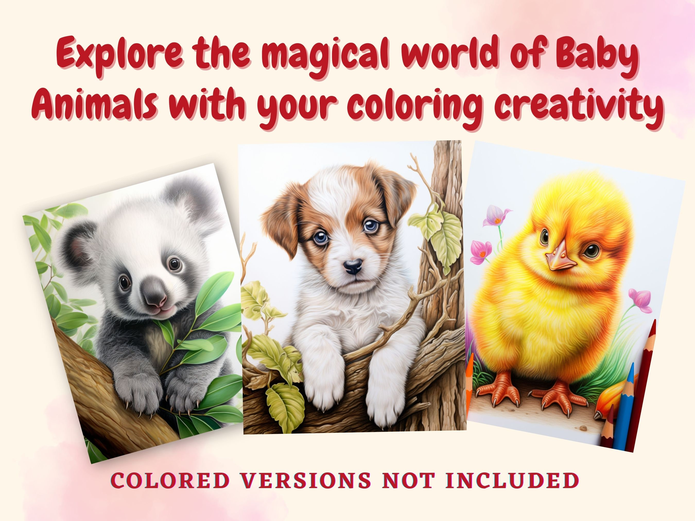 Cute Baby Animals Grayscale Coloring Pages Printable Adult Coloring ...