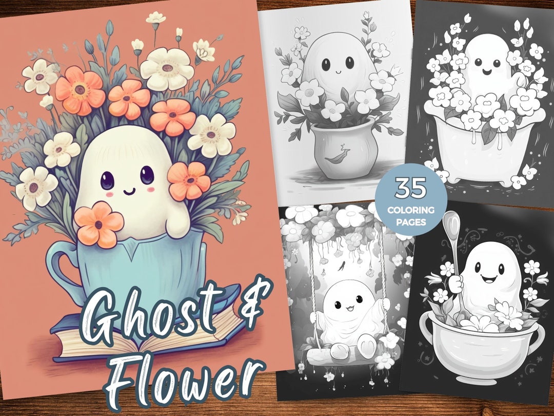 Ghost and Flowers Coloring Page Ghost Flower Grayscale Coloring Book ...
