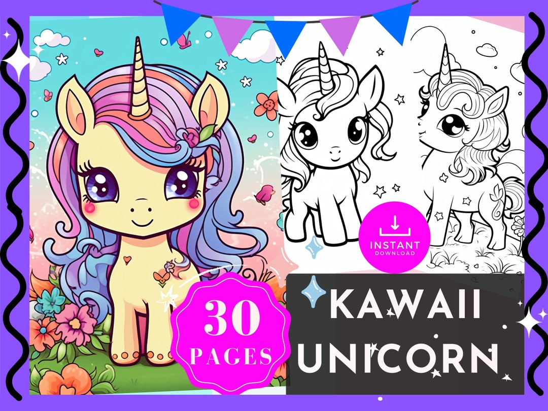 30 Kawaii Baby Unicorns Fantasy Coloring Page Book, Adults + Kids ...