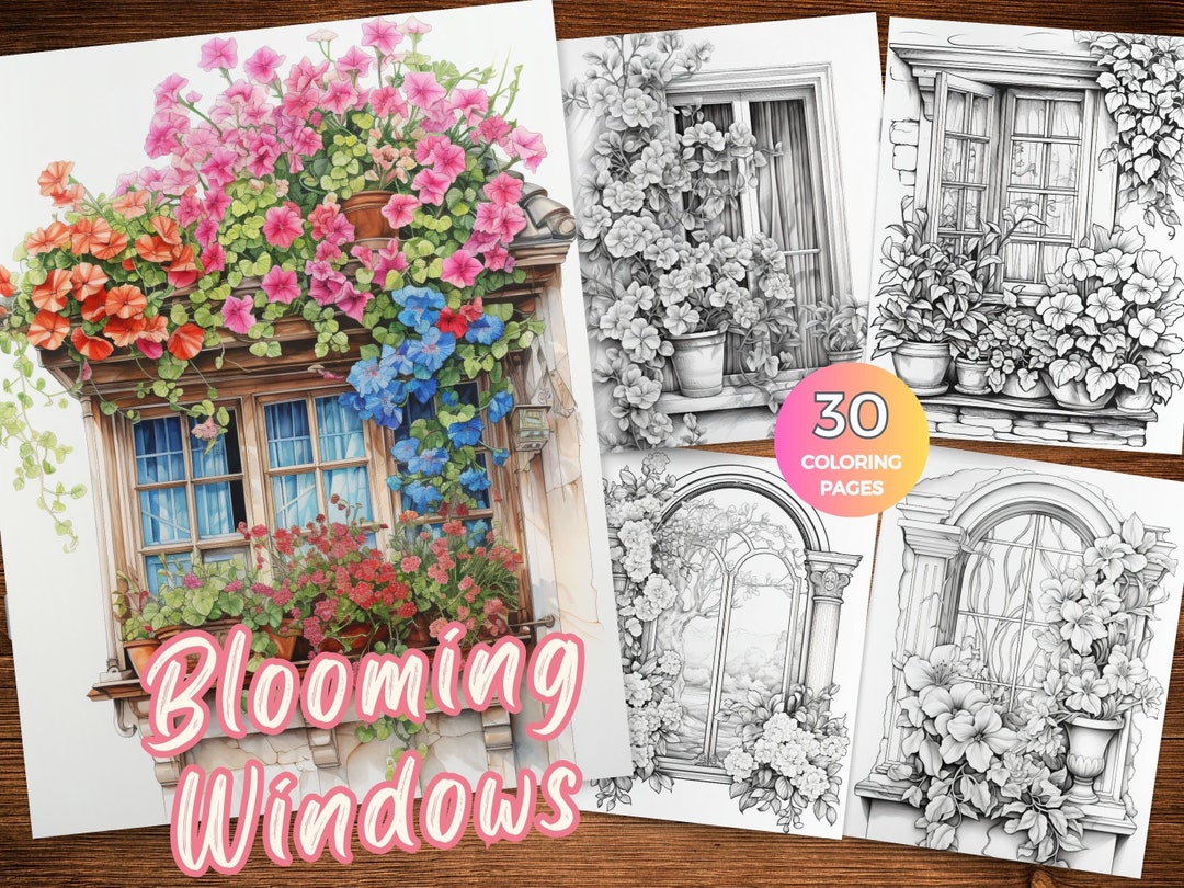 Blooming Windows Coloring Pages for Adults Floral Window Coloring ...