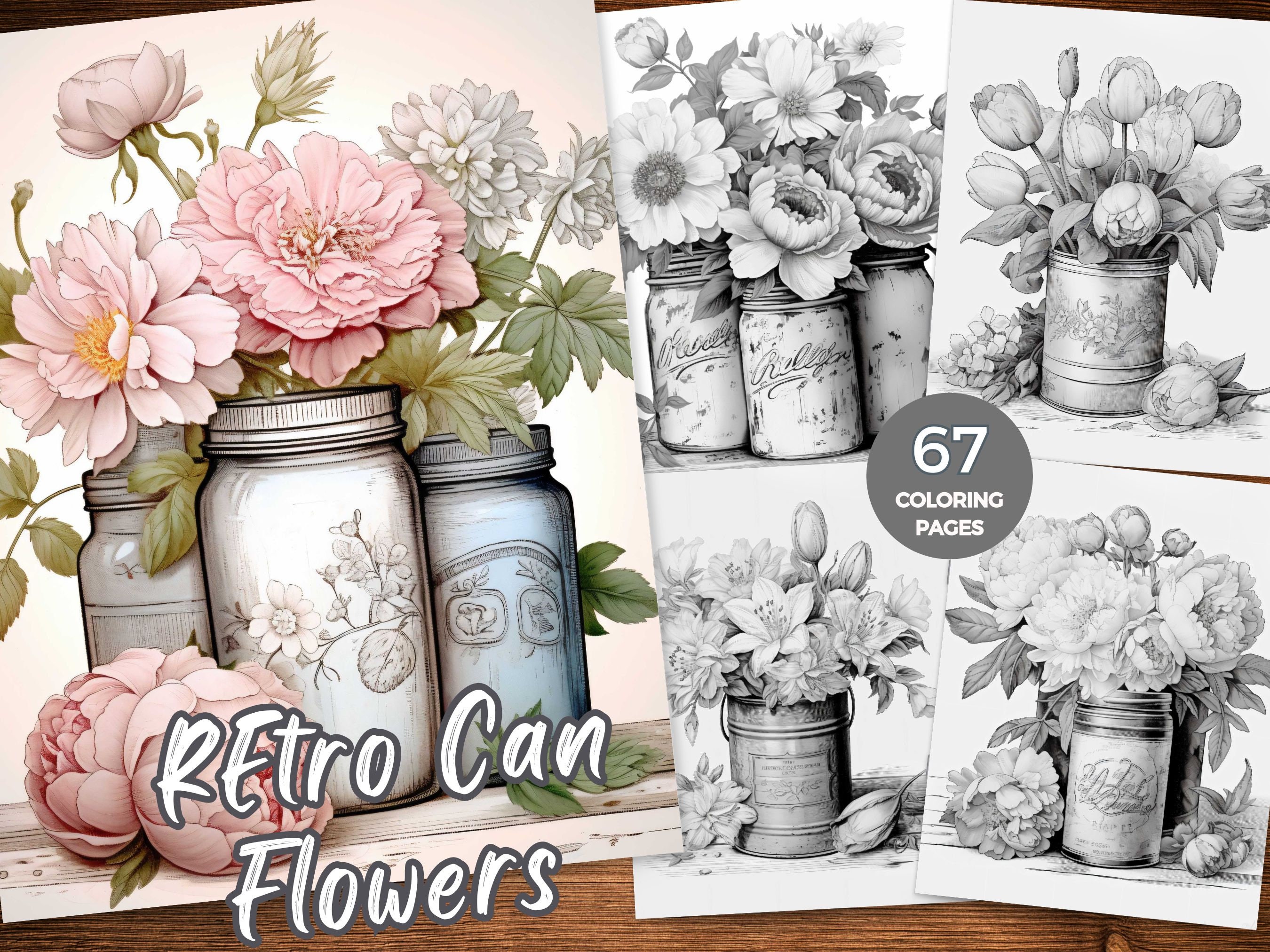 Retro Flower Can Coloring Book Vintage Floral Designs for Stress Relief ...