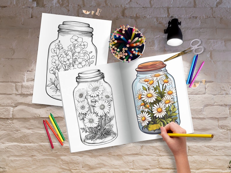 Flowers in Jar Coloring Page Jar Flowers Coloring Book Printable Floral ...