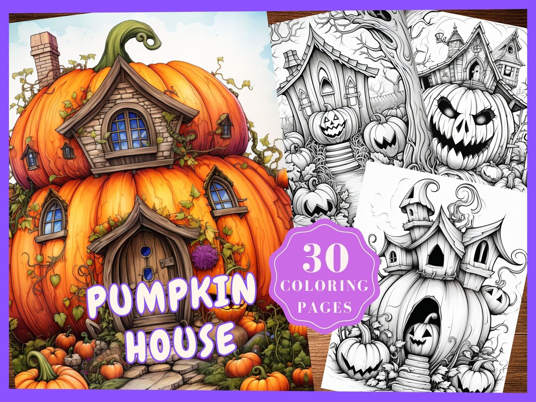 Pumpkin House Coloring Book for Adults Halloween Pumpkin Grayscale ...