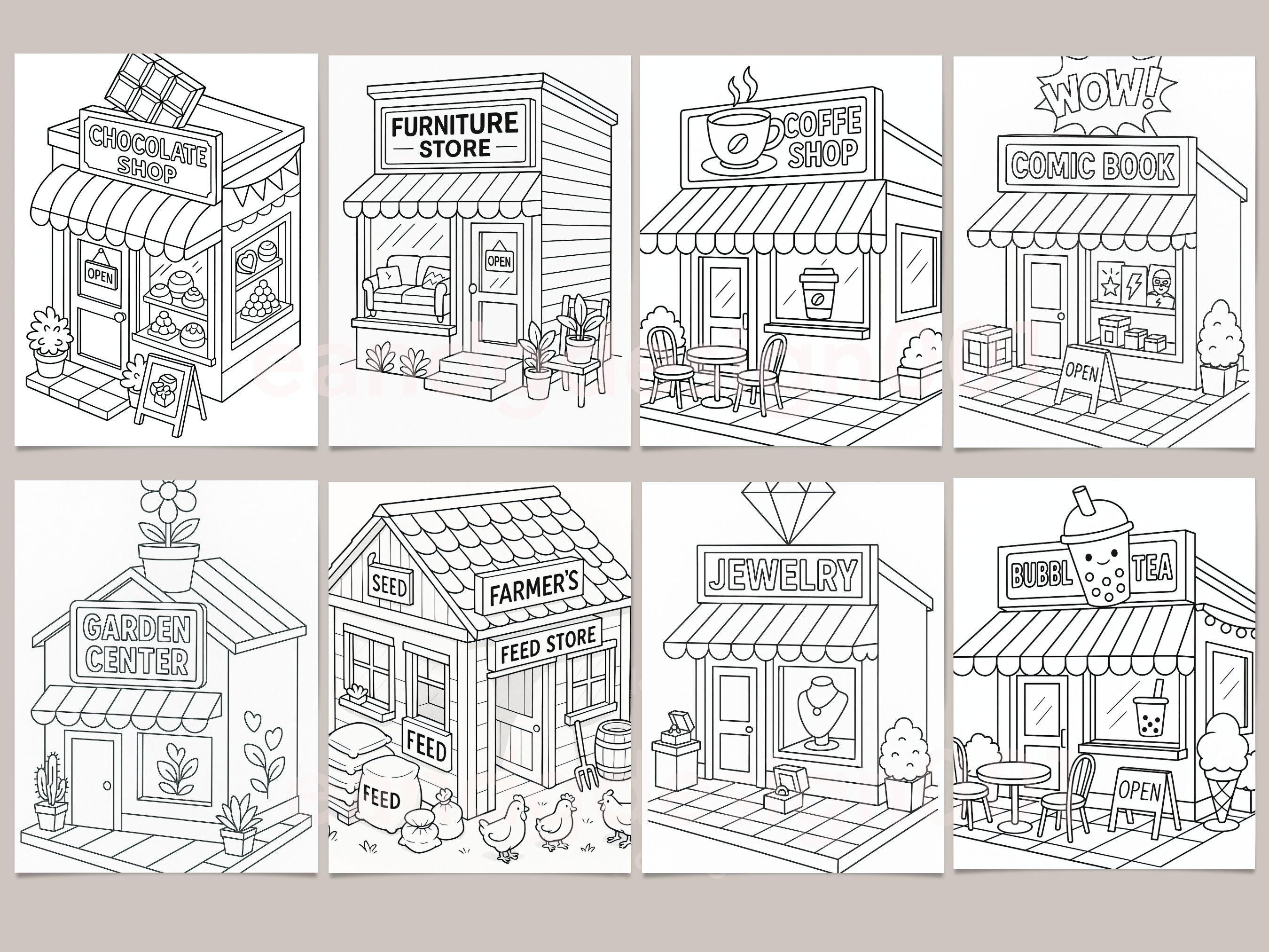 3D Retail Storefront Coloring Page, Printable Boutique, Bakery, Shop ...
