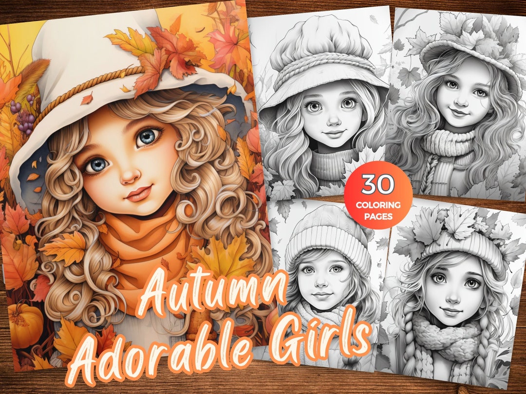Autumn Girls Coloring Pages, Autumn Girls Grayscale Coloring Book for ...