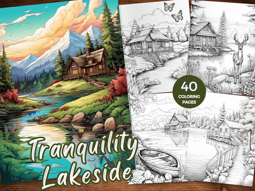 Tranquility Lakeside Retreat Coloring Pages for Adults Boho Landscape ...
