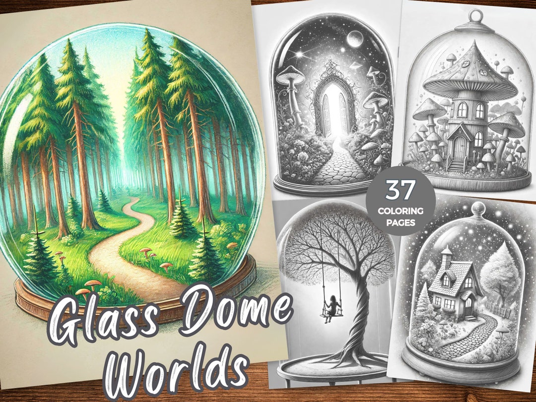 Glass Dome World Coloring Book Fantasy World in a Glass Dome Greyscale ...