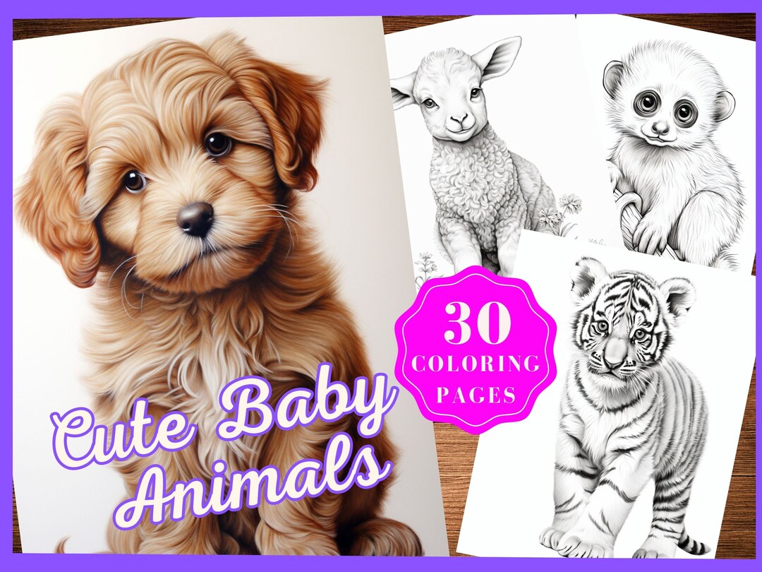 Cute Baby Animals Grayscale Coloring Pages | Printable Adult Coloring ...